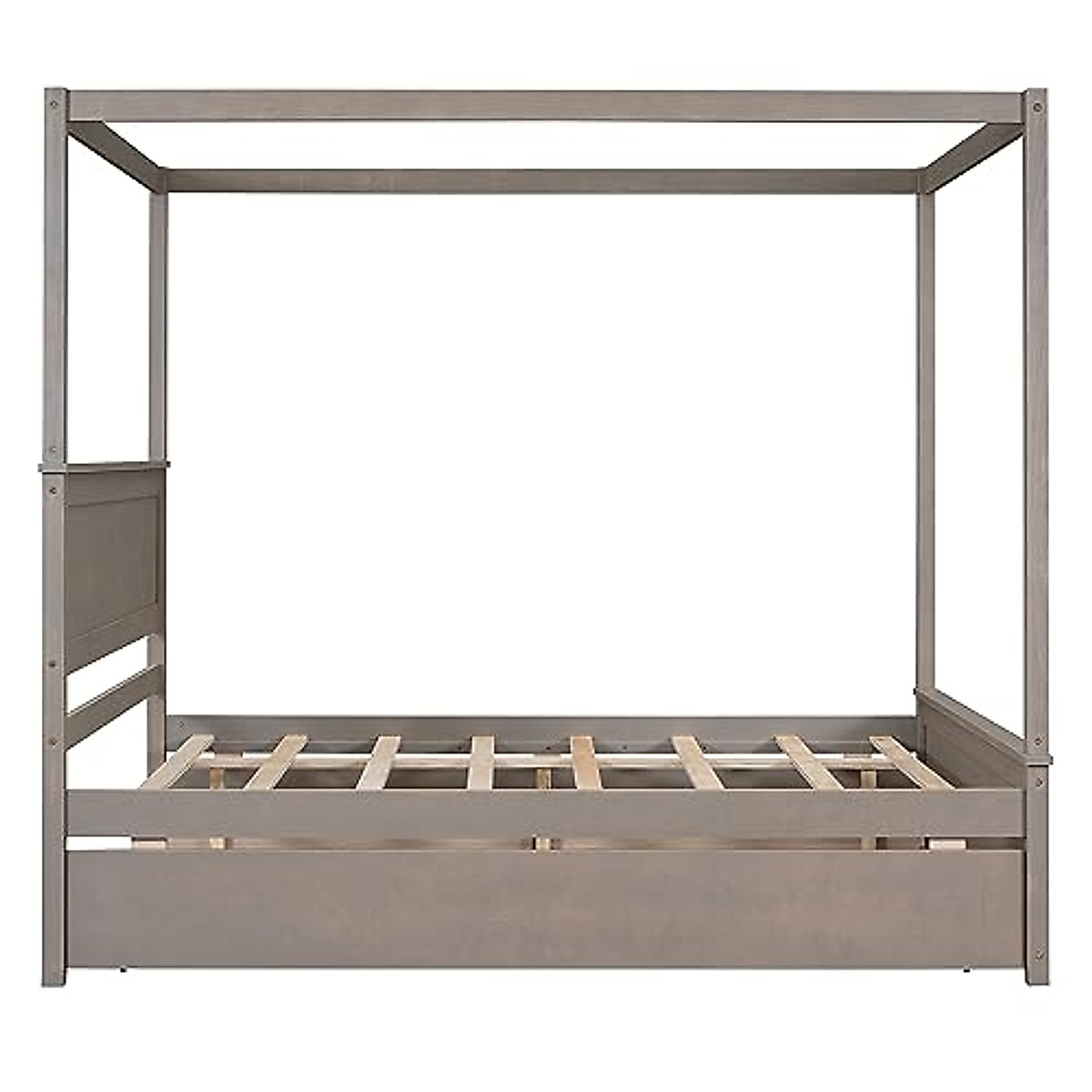 WADRI Modern Full Size Canopy Platform Bed with 2 Drawers and Trundle Bed, Wood Canopy Platform Bed with Support Slat, 4-Post Canopy Platform Bed Frame for Kids Teens Adult, No Box Spring Needed