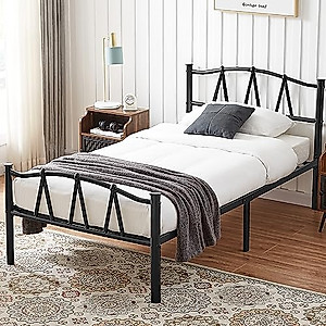 VECELO 14" Twin Size Metal Platform Bed Frame with Vintage Headboard/Mattress Foundation/No Box Spring Needed
