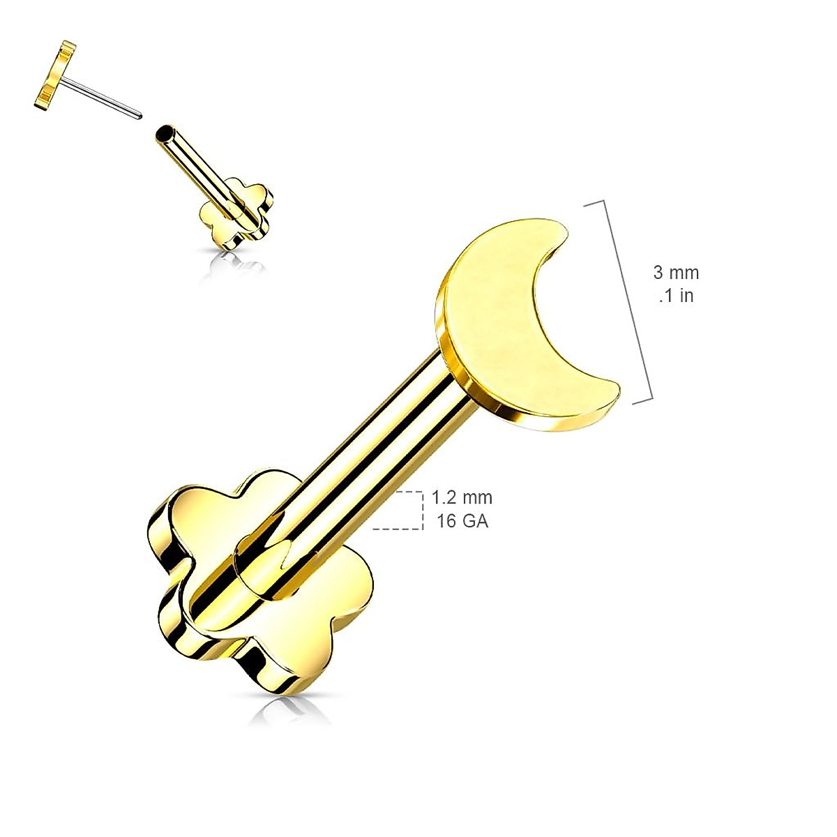 Pierced Owl 16GA G23 Implant Grade Titanium Crescent Moon Threadless Push in Flower Base Stud (Silver Tone)