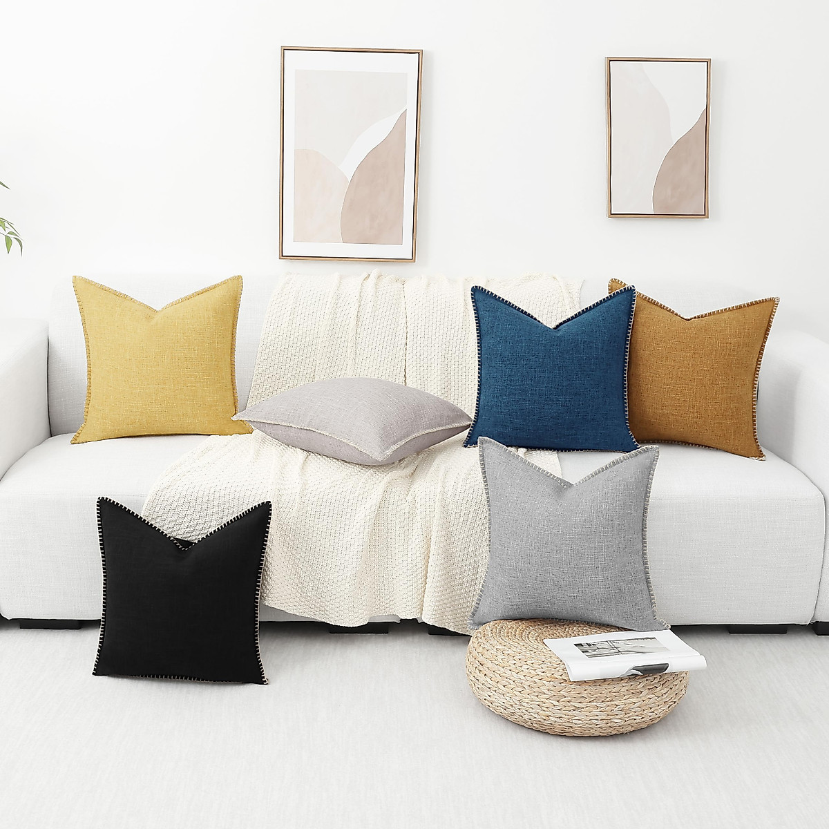 decorUhome Decorative Outdoor Throw Pillow Covers 18x18 Set of 2, Square Linen Rustic Farmhouse Pillow Covers with Stitched Edge for Couch, Sofa, Living Room, Black