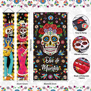 Tiamon 3 Pcs Day of The Dead Porch Sign with LED Lights, Mexican Dia De Los Muertos Party Door Decorations, Day of The Dead Sugar Skull Door Banner for Halloween Fiesta Party, 11.8 x 70.9 Inches