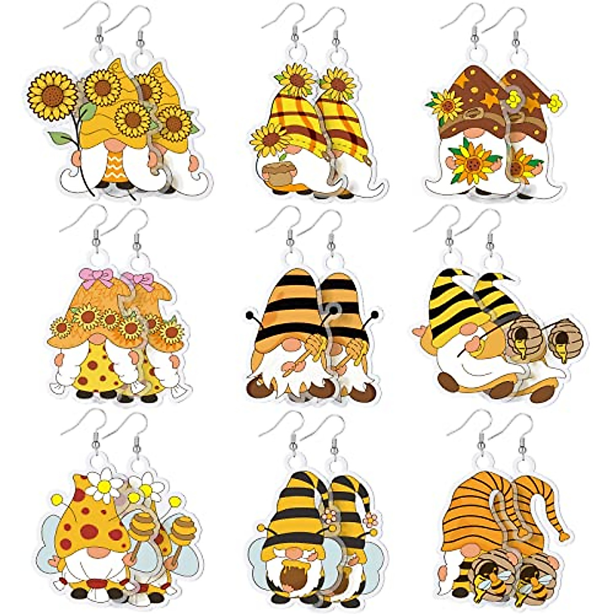 9 Pairs Sunflower Bee Gnome Earrings Acrylic Drop and Dangle Earrings Lightweight Holiday Stud Earrings for Women Girl Teen Jewelry Gift (Sunflower Style)