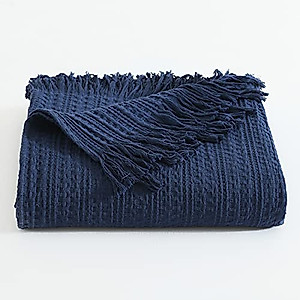 100% Cotton Throw Blanket, Waffle Woven Navy Blue Thin Decorative Blanket with Fringe, Rustic Pre-Washed Soft, Cozy, Light Weight Blanket for Couch, Travel, Farmhouse Boho Style Throw, 60'' x 80''