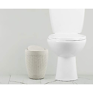 Superio Round Trash Can 6.5 Qt Ivory Bone - Small Trash Bin with Lid Beige Wicker Look, Concealed Bag