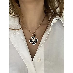 Fashion Jewelry designer statement enamel rhinestone camellia flower faux pearl charm pendant necklace for women (Black)