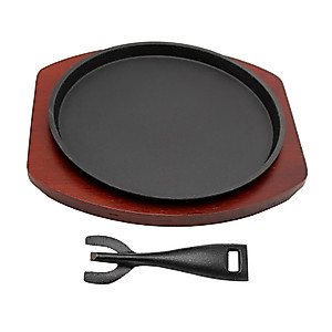 VIKKSAER 10.2" Cast Iron Steak Plate, Sizzling Plate with Wooden Base & Hot Plate Gripper, Steak Pan Grill Fajita Server Plate for Restaurant Home Kitchen Cooking Accessory