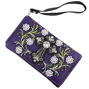 Zelris Western Cross Daisy Flower Women Crossbody Wrist Trifold Wallet (Purple Violet)