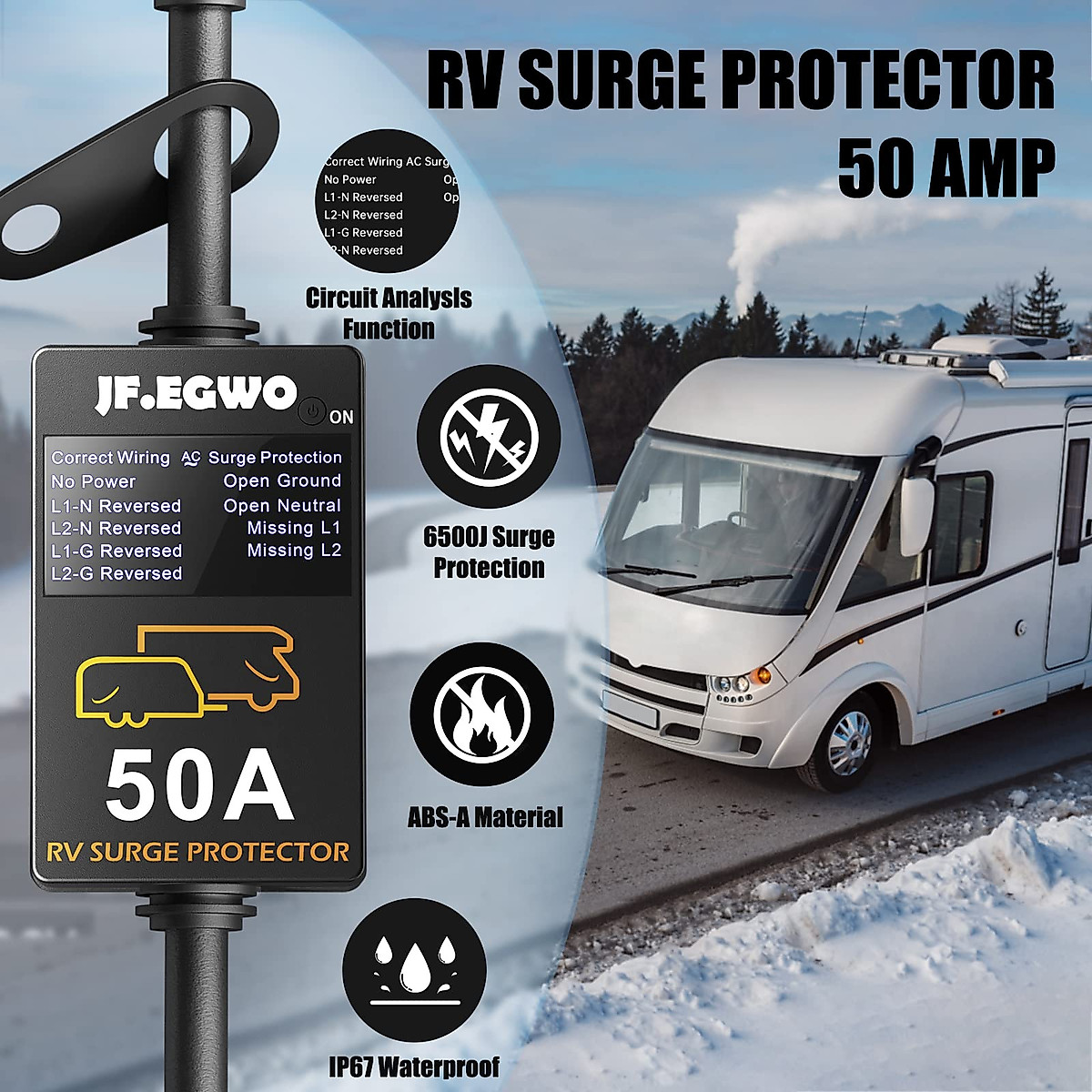 JF.EGWO 50A RV Surge Protector with Waterproof Cover, RV Circuit Analyzer with 6500J Surge Protection - 50 Amp RV Power Surge Protector with 3.55 Inch Smart LED Screen
