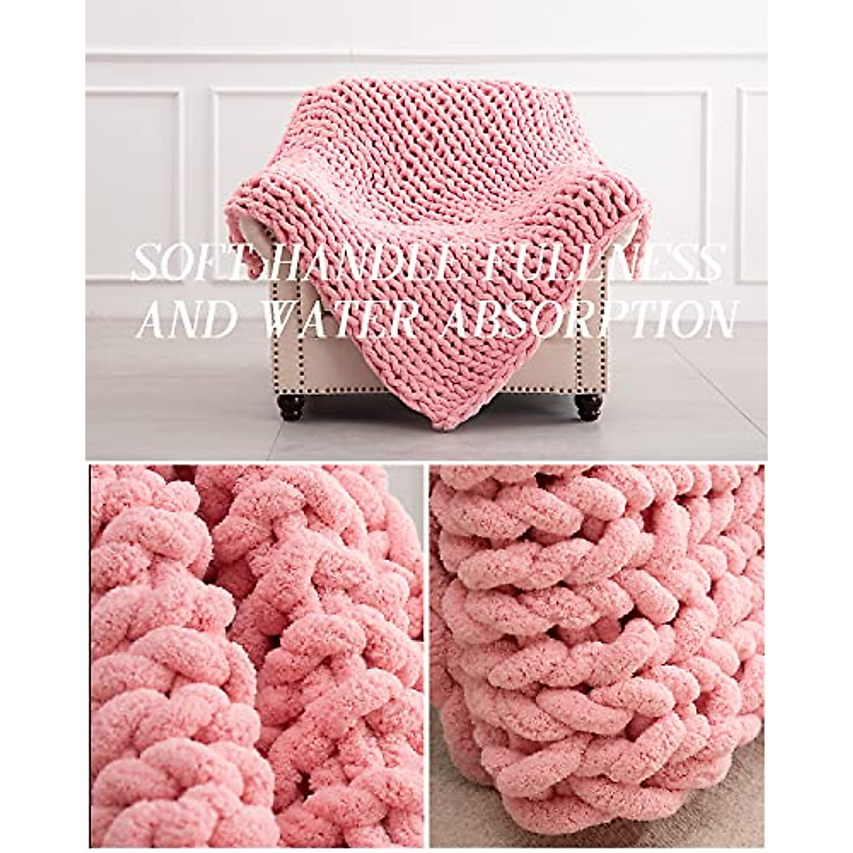 SPAOMY Chunky Knit Blanket Chenille Handmade Throw Blanket Cozy Warm Blanket for Bed Couch Home Decor(60x60 in,Pink)