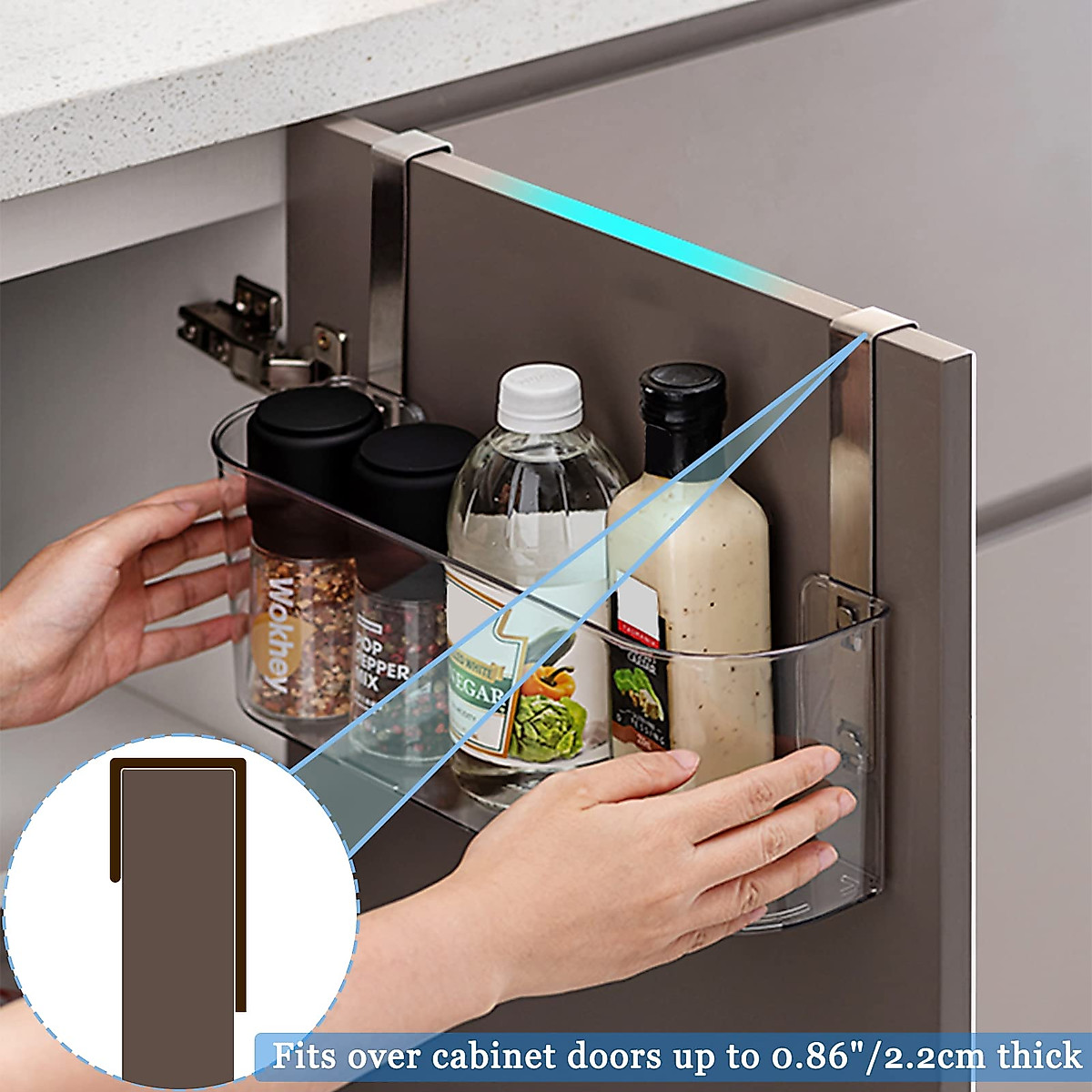 EsLuker.ly 2 Pack Over Cabinet Door Organizer Holder, 2 Styles Plastic Cabinet Storage Basket for Kitchen Pantry Bathroom| Hang Outside or Inside Door (Single Grid & Three Grids, Clear)