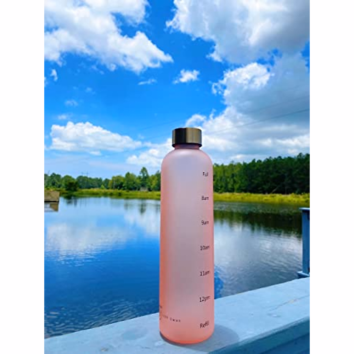 Water Bottle with Time Marker, 32oz 1 Liter, BPA Free Frosted Plastic, Reusable Water Bottle, Leakproof (Blush-Pink)