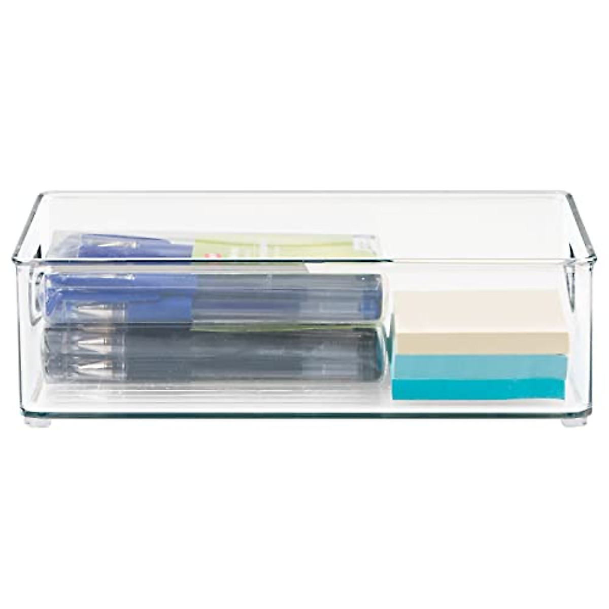 mDesign Small Plastic Office Storage Container Bins w/Handles for Organization in Filing Cabinet, Closet Shelf, Desk Drawers, Organizer for Notes, Pens, Pencils - Ligne Collection, 4 Pack - Clear