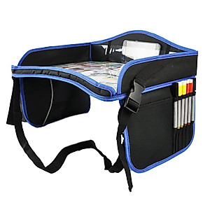 New Kids Travel Tray for Car Roadtrip, Fits in Airplane and Baby Carseats, Waterproof Top, Side Pockets & Bottle Holder, 16.9 x 12.6 Inches (Blue/Black)