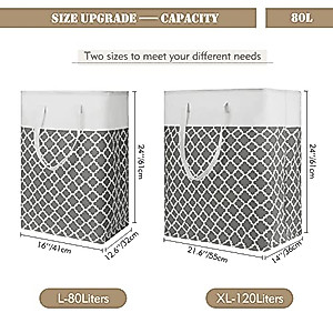 TOTANKI 2-Pack Laundry Basket, 80L Large Laundry Hamper with Long Reinforced Handles, Freestanding Waterproof Storage Basket, Collapsible Clothes Hamper for Bedroom, Bathroom, Dorm (Grey)