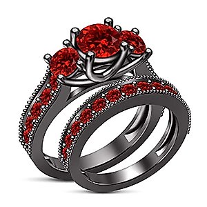foreverjewelryhub 2.50 Ct Round Cut Created Red Garnet Three Stone Engagement Ring Matching Wedding Band Bridal Set 14k Black Gold Plated 925 Sterling Silver8.5