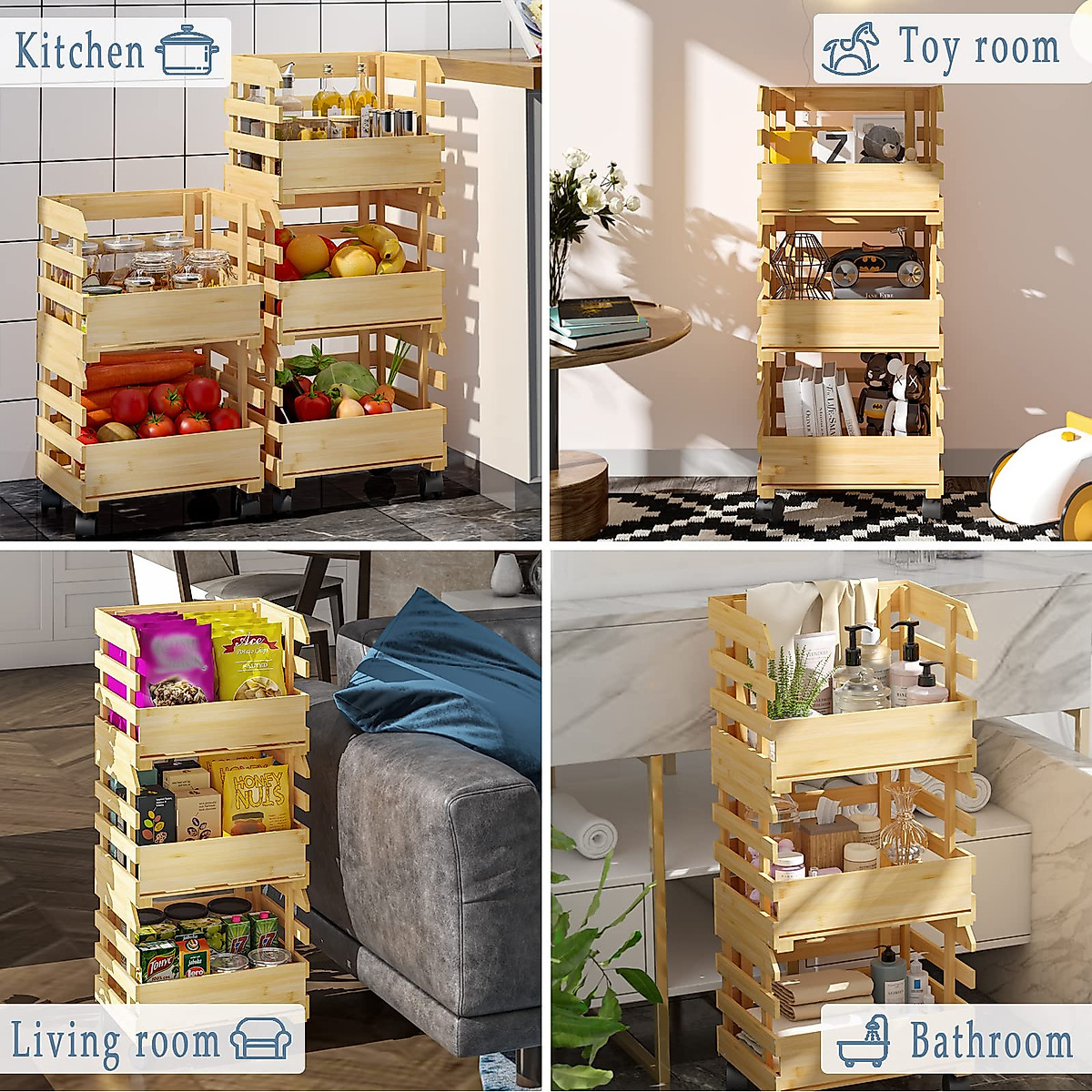 Merysen Fruits Basket for Kitchen Counter Detachable Fruit Basket Large 3-Tier Bamboo Fruit and Vegetable Storage Veggies Drinks Bread Snack