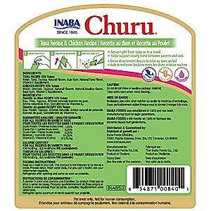 INABA Churu Lickable Creamy Purée Cat Treats Tuna Recipe and Chicken Recipe Canister of 50 Tubes