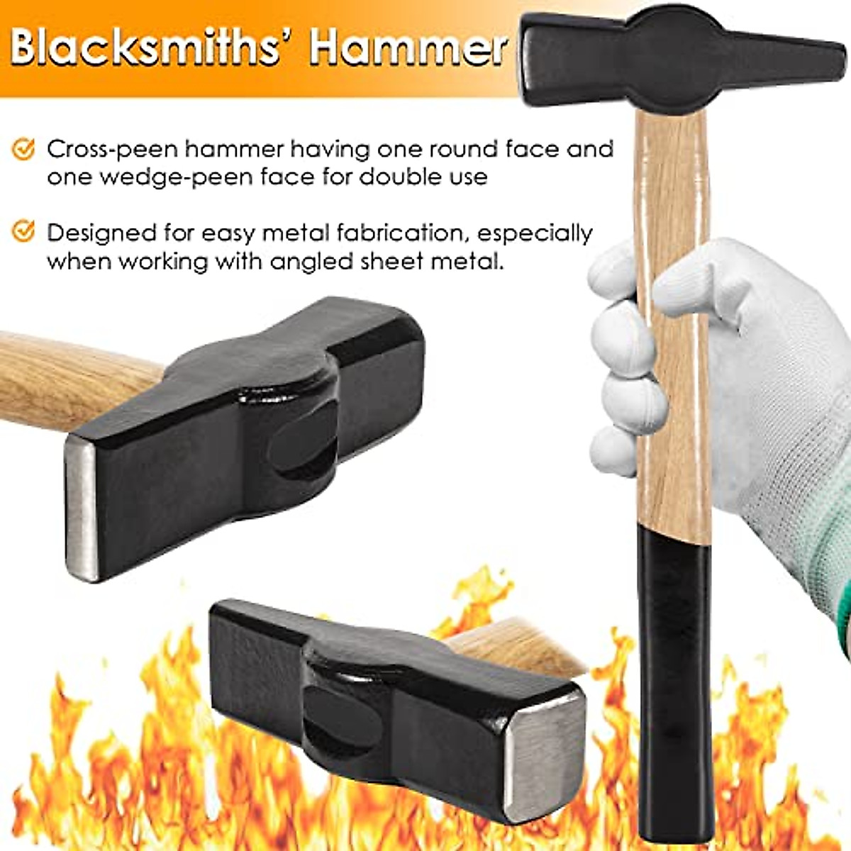 0004930-300 Blacksmiths' Tongs & 0000811-1000 Handmade Blacksmiths’ Hammer Assembled Bladesmith Tool Set for Beginner or Professional Blacksmith Making Farrier, Knife and Tool on Forging Anvil