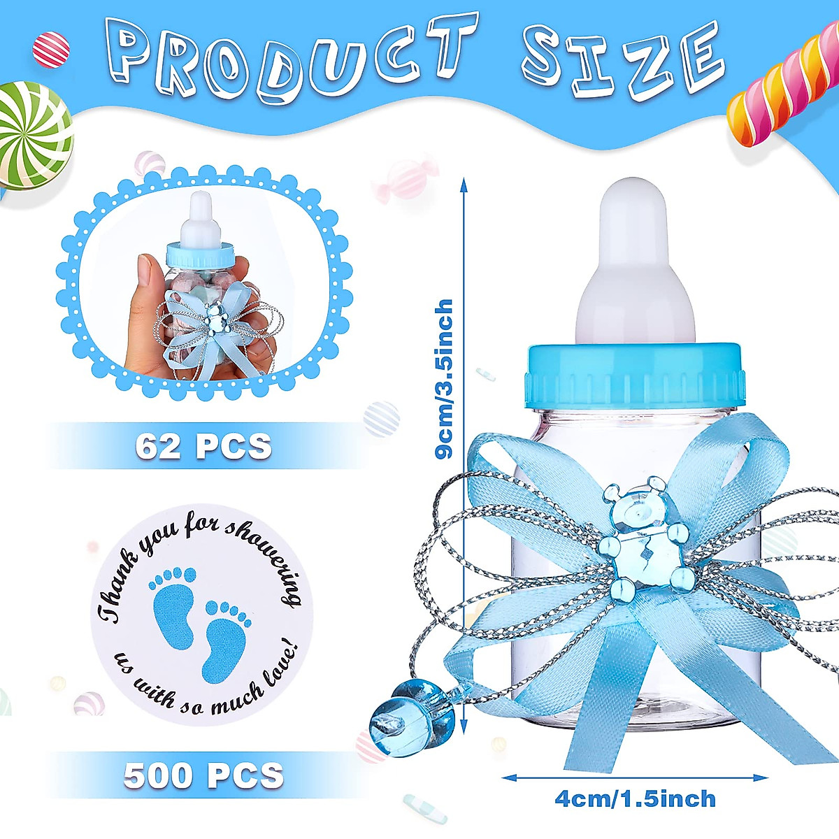 62 Pcs 3.5 Inch Baby Mini Milk Bottle Baby Shower Favor with 500 Adhesive Thank You for Showering Stickers, Small Plastic Bear Candy Bottle with Ribbon for Boy Girl Newborn Baptism Party Decor (Blue)