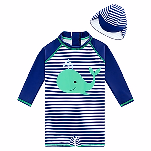 uideazone Infant Boy Blue Striped Swimsuit 3mo Long Sleeve One Piece Rash Guard Bathing Suit with Hat UPF 50+ Sun Protection Swimwear 3-6 Months