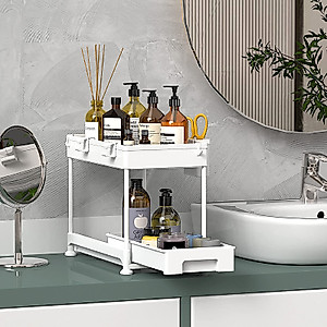 SPACELEAD Under Sink Organizers and Storage, Under Sliding Cabinet Basket Organizer, 2 Tier Under Sink Storage for Bathroom Kitchen with Hooks, Hanging Cup, The Bottom Can Be Pulled Out White