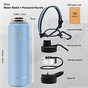 NATURE PIONEOR Insulated Water Bottles with Paracord Handle - 24 oz Vacuum Sports Wide Mouth Water Bottle with 3 Lids, Leak Proof Stainless Steel Keeps Hot and Cold