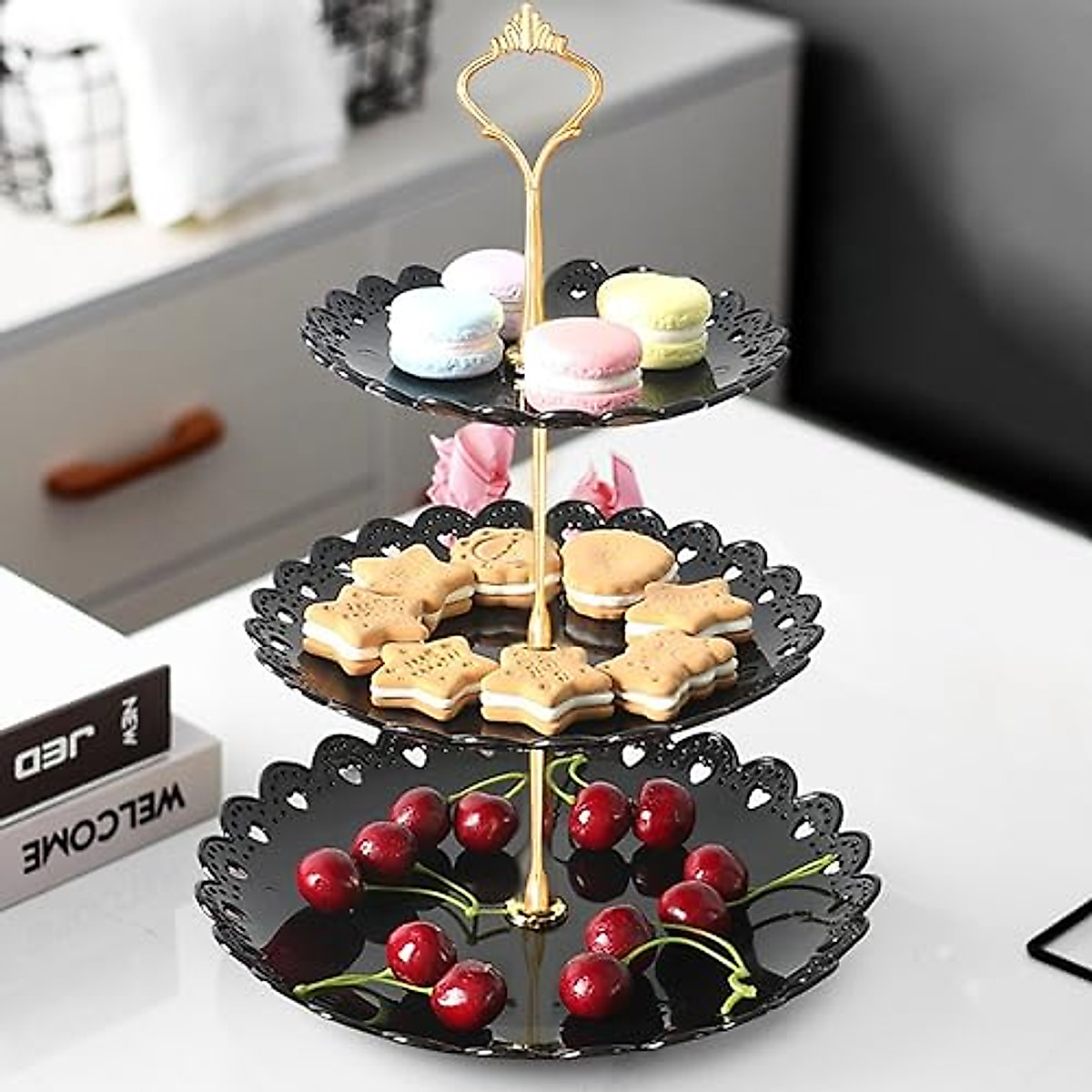 Set of 4pcs Black Halloween Cupcake Stand Plastic Dessert Tray Severing Plate Fruit Holder for Birthday Party Baby Shower Wedding Tea Party