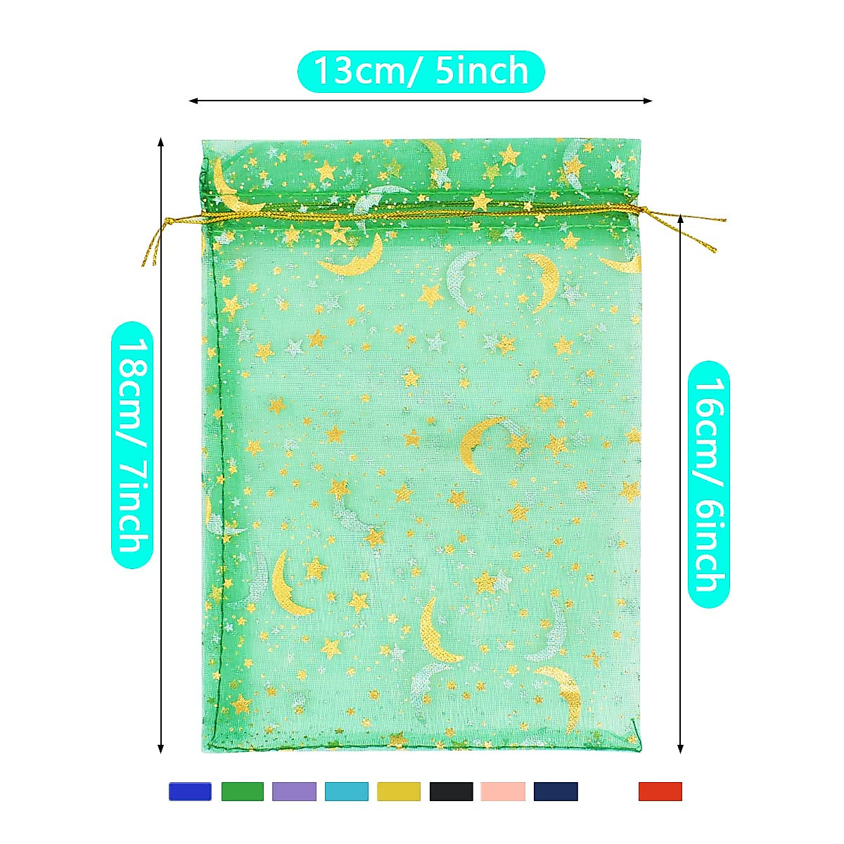 Renashed 100Pcs Moon Stars Sheer Organza Bags with Drawstring 10 Colors, Wedding Favor Bags Jewelry Gift Bags for Wedding Party Valentine's Day, Festival Organza Bags (5 * 7inch/ 13 * 18cm)