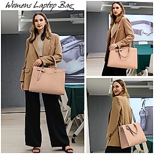 RAINSMORE Laptop Bag for Women 15.6 Inch PU Tote Bag Business Office Work Bag Waterproof Briefcase Computer Tote Lightweight Handbag Shoulder, Khaki
