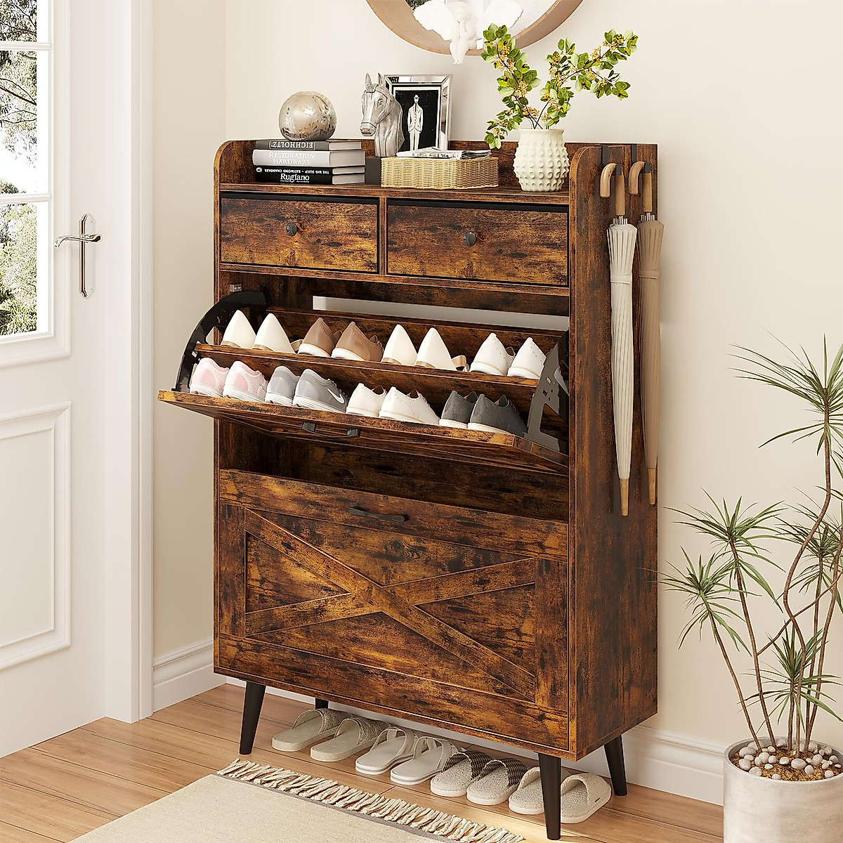 Shoe Cabinet Storage for Entryway, Narrow Shoe Organizer Cabinet with 2 Flip Drawers & 2 Fabric Drawers, Farmhouse Freestanding Big Shoe Storage Cabinet with Robust Legs, Rustic Brown