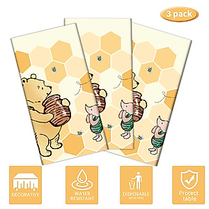 AURORAPARTY 3pcs Winnie Party Tablecloth Bear Baby Shower or Birthday Party Table Cover Honey Plastic Rectangle Birthday Party Decoration, 54 x 108 Inches