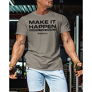 Shock The World Make It Happen Simple Weightlifting Workout Gym Tshirt (LG, Shock The World Warm Grey)