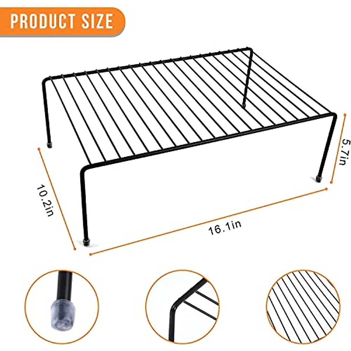 Large (16.1 x 10.2 Inch) Cabinet Storage Shelf Rack, Kitchen Shelves，Kitchen Counter and Cabinet Shelf, Storage Rack Organizer for Kitchen, Fridge, Cabinet, Bathroom Cupboard (Black, 6)