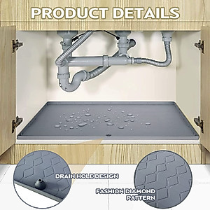 Under Sink Mat, 34" x 22" Under Sink Drip Trays for Kitchen Waterproof, Silicone Under Kitchen Sink Mats with Unique Drain Hole, Under Sink Liner for Kitchen Bathroom (Gray)