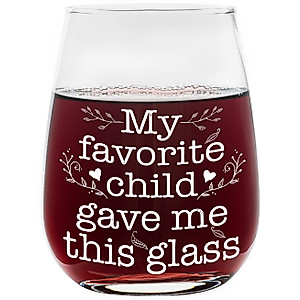Stemless Cute Wine Glass - My Favorite Child Gave Me This Glass - Unique and Fun Gift Idea for Moms and Grandmas - Mother's Day, Birthday and Christmas Gift for Women, 17oz White Gift Box Included