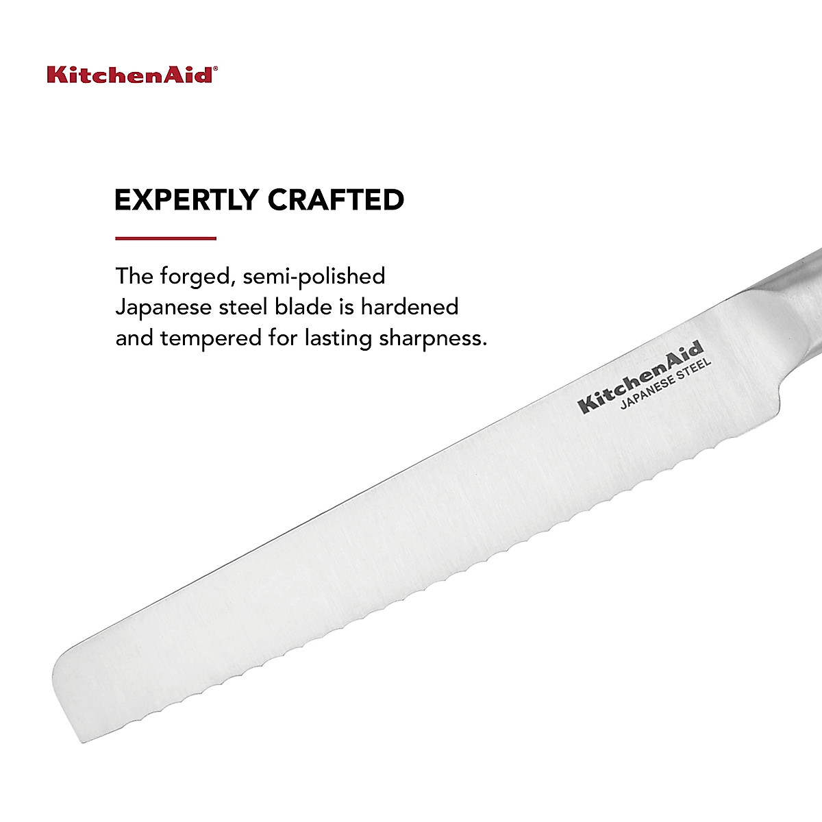 KitchenAid Gourmet Forged Triple-Rivet Serrated Bread Knife with Custom-Fit Blade Cover, 8-inch, Sharp Kitchen Knife, High-Carbon Japanese Stainless Steel Blade, Black