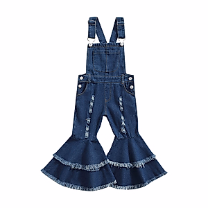 Karuedoo Kid Toddler Baby Girl Denim Overalls Ripped Bell Bottoms Flare Jeans Overalls Strap Suspender Pants Outfit (Blue, 3-4T)