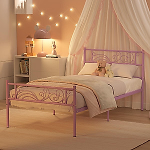 Weehom Twin Bed Frame with Headboard, Princess Bed Metal Platform No Box Spring Needed,Heavy Duty Metal Slats Support Easy Assembly for Kids Girls Adults Purple