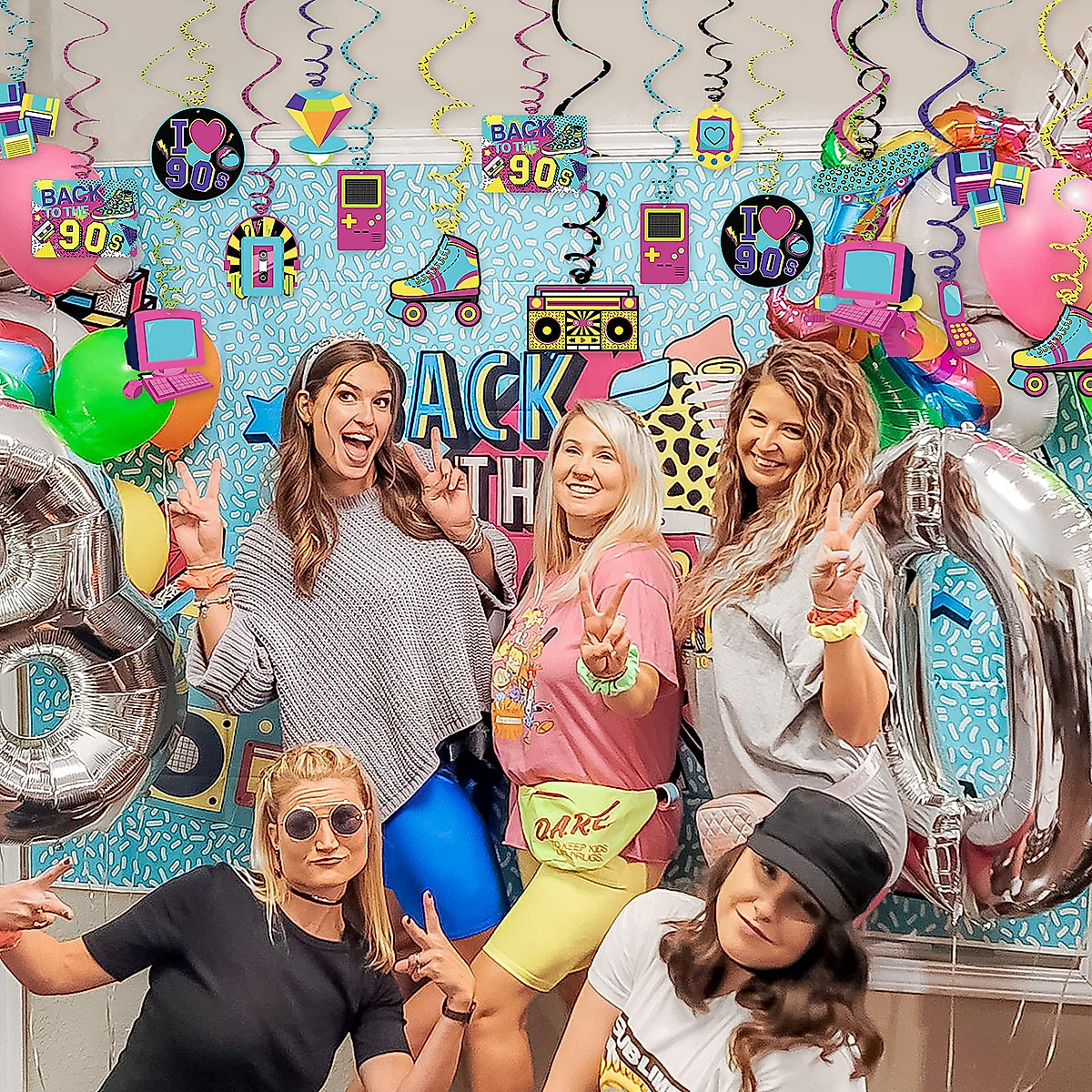 28Pcs Back to The 90s Party Hanging Swirls Decorations 90s Retro Ceiling Streamers for 1990s Throwback Birthday Party 90s Hip Hop Party Supplies