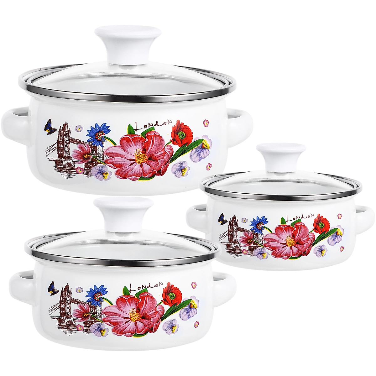 Totority Enamel Stockpot 3 Pcs Kitchen Enamel Stockpot with Lid, Retro Flower Stew Bean Cooking Pot, Vintage Thicken Soup Pot with Handles, Nonstick, Safe for Induction Cookers, Gas Stove