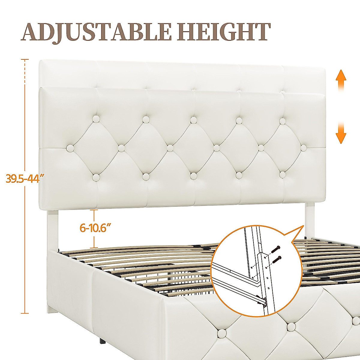 Yaheetech Queen Upholstered Bed Frame with 4 Drawers and Adjustable Headboard, Faux Leather Platform Bed with Mattress Foundation Strong Wooden Slats Support, No Box Spring Needed, Beige