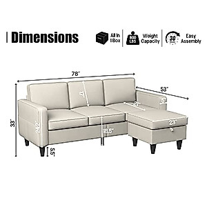 Beige Convertible L-Shaped Sectional, Modern Linen Fabric 3-Seat Sofa Couch Furniture Set with Storage Ottoman for Living Room Small Space