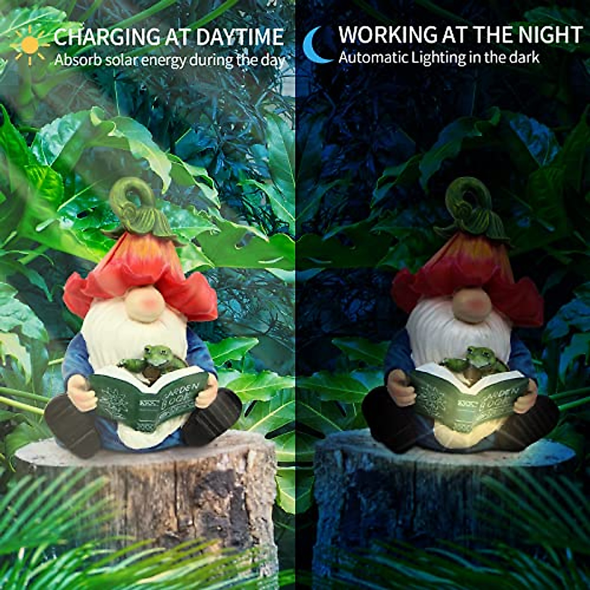 Sinhra Garden Gnome Statue-Resin Gnome Figurine Hugging Turtle Reading Book with Solar LED Lights，Outdoor Summer Decorations for Patio Yard Lawn Porch,Garden Ornament Gift