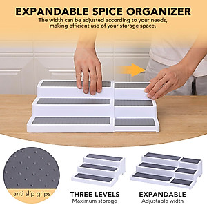 3-Tier Expandable Spice Rack, Plastic Spice Rack Organizer for Cabinet, Adjustable Length, Non-Skid Spice Shelf Organizer for Kitchen Cabinet, Countertop or Pantry, 2 Pack, White/Grey