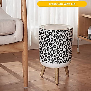 Small Trash Can with Lid Seamless Leopard Fur Fashionable Wild Leopard Print Modern Panther Wood Legs Press Cover Garbage Bin Round Simple Human Waste Bin Wastebasket for Kitchen Bathroom Office