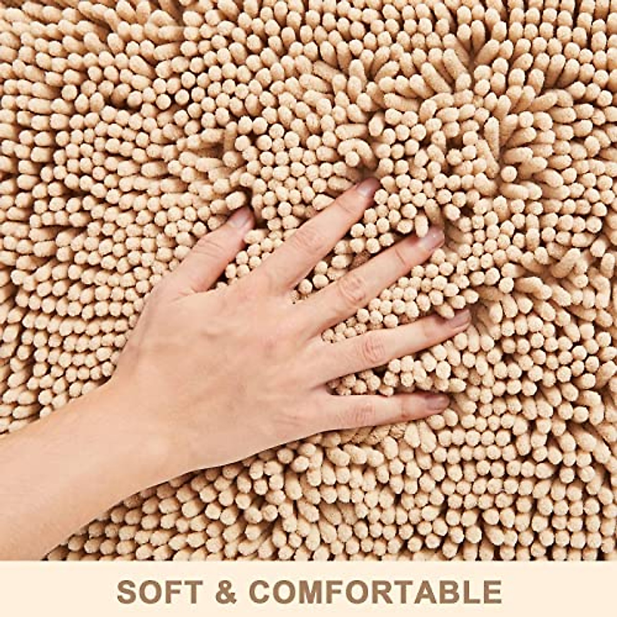 TECHMILLY Soft Fluffy Chenille Bathroom Rugs, Non Slip Absorbent Bath Mats for Bathroom, Washable and Quick Dry, Khaki, 17" x 24"