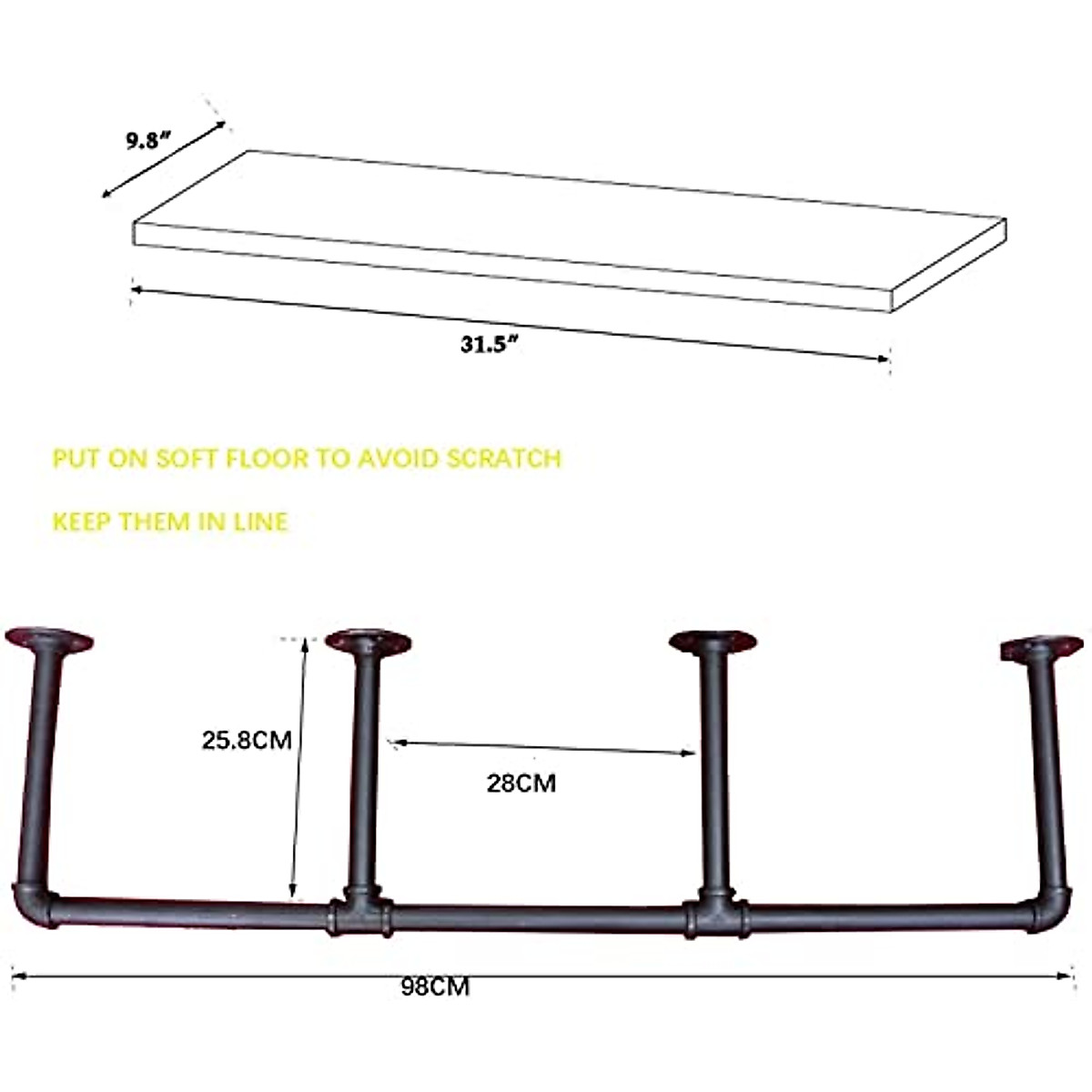 BOKKOLIK Farmhouse Floating Pipe Shelf with 31.5inch Length Wood Plank Retro Storage Wall Mounted Book Shelves 3 Tier for Kitchen Office Living Room