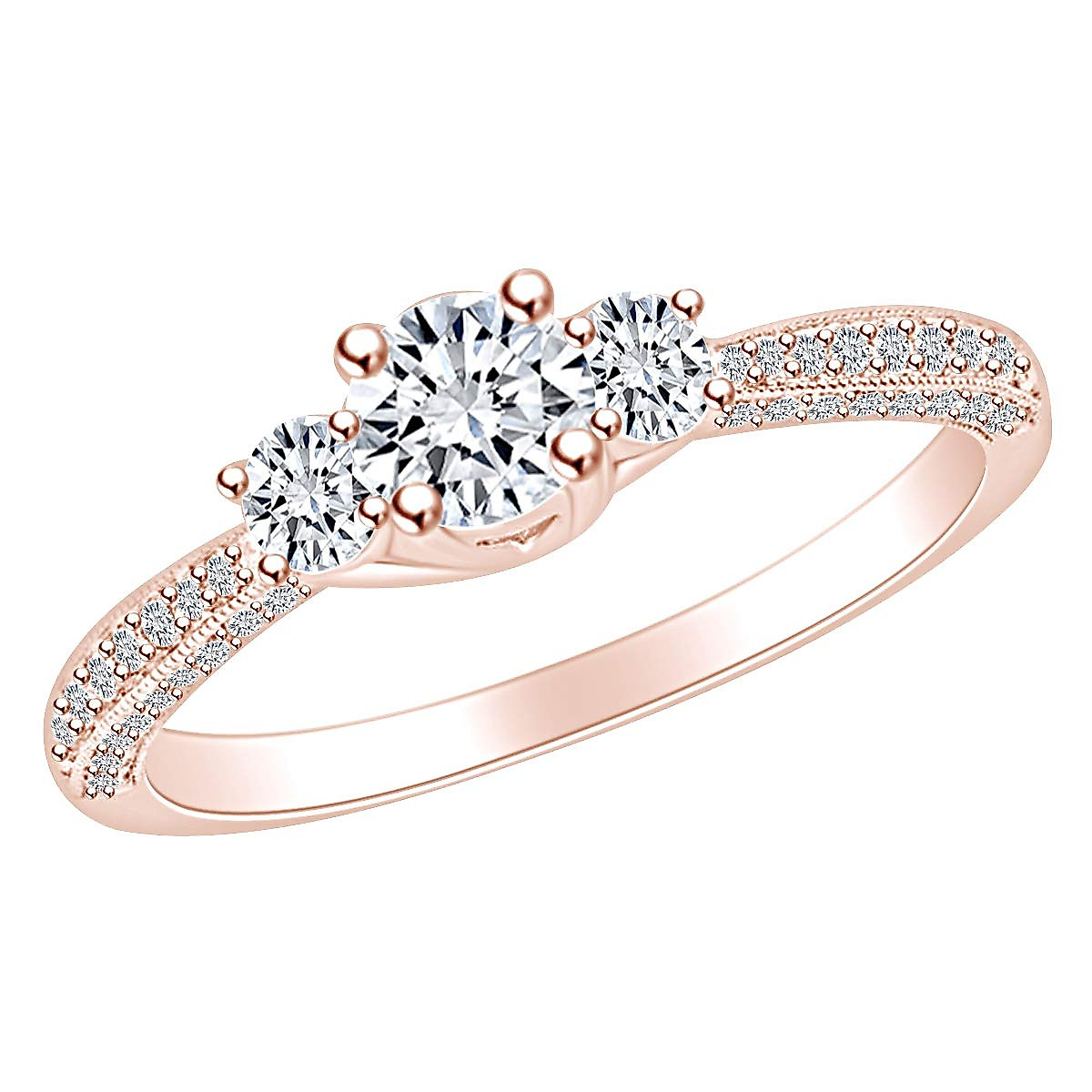 AFFY 3/4 Carat Round White Natural Diamond Three Stone Engagement Wedding Ring In 14k Solid Rose Gold (0.75 Cttw) Ring Size-7