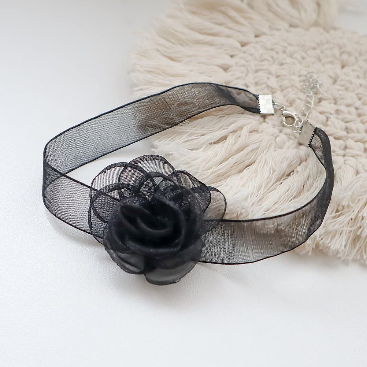 Todu Lace Flower Choker Necklace Bohemian Soft White Flower Tie Cravat Necklace Wedding Jewelry Gift For Women （1pc，Black）