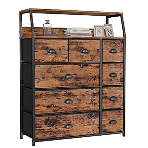 Furnulem 9 Drawer Dresser Large with Shelf, Tall Closet Storage Organizer for Bedroom, Fabric Storage Dresser, Wooden Top, Living Room, Entryway-Industrial Style (Rustic Brown, 31.5"x11.4"x39.8")